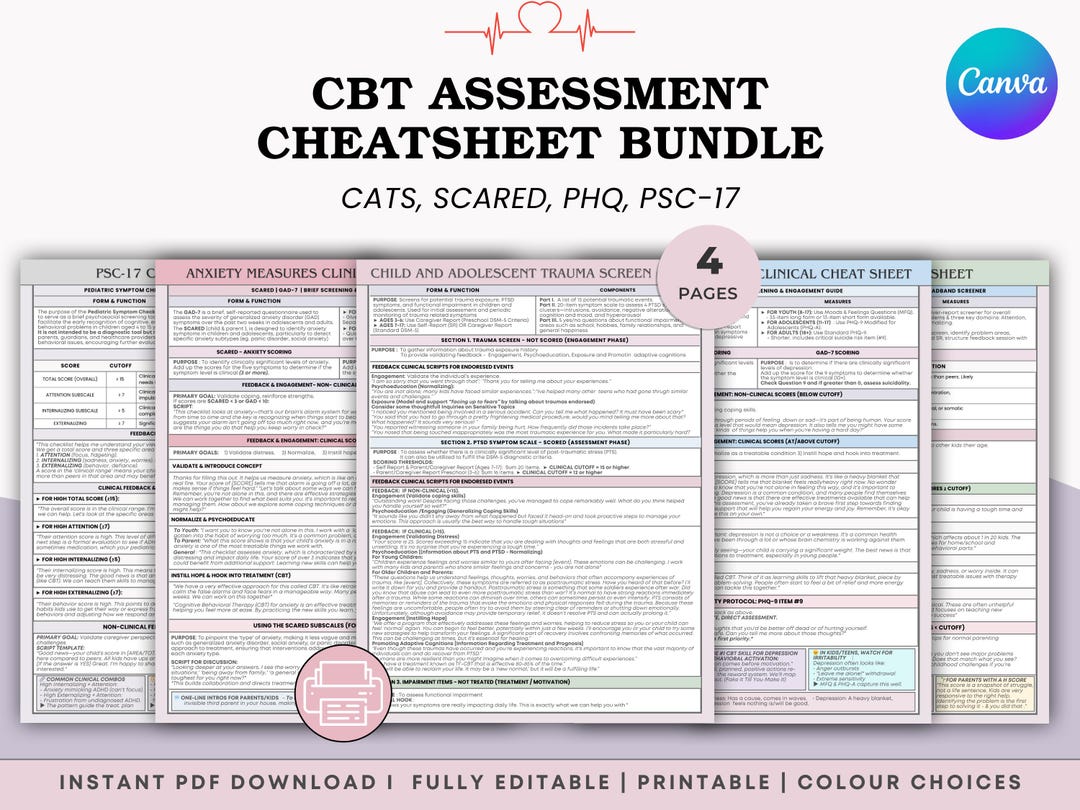 CBT Assessment Clinical Cheat Sheet Bundle for Therapists (CATS, SCARED ...