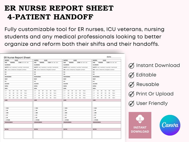 ER Nurse Report Sheet - 4-patient Handoff - Urgent Care Trauma Nursing ...