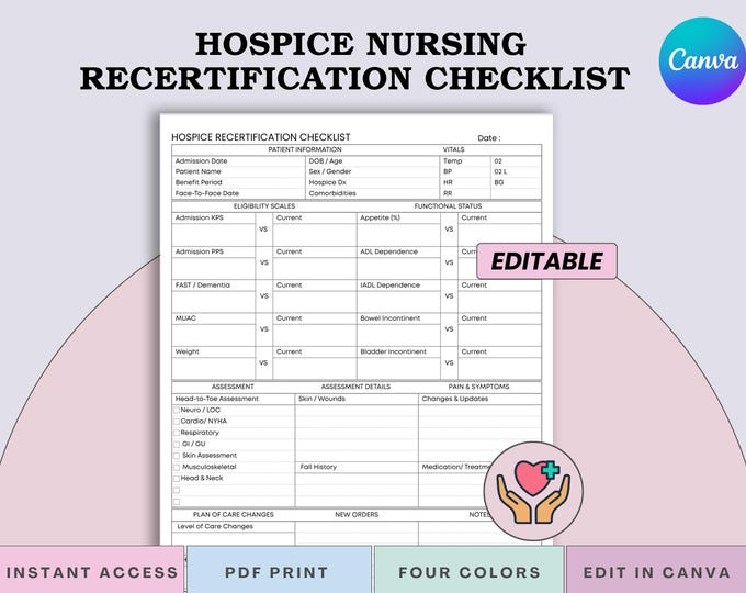 Hospice Assessment Form, Hospice Nurse Cheat Sheet, Hospice Recertification Checklist, Nurse ...