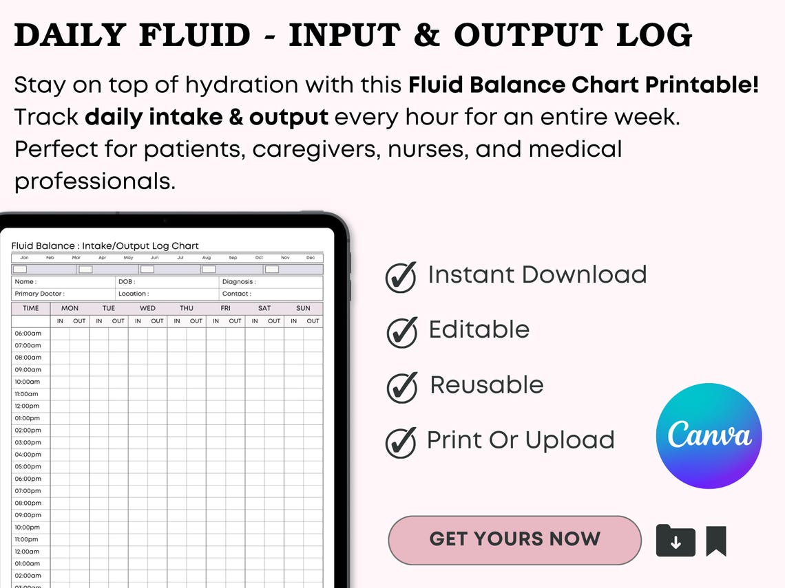 Fluid Balance Chart Printable | Daily Intake & Output Tracker | Medical ...