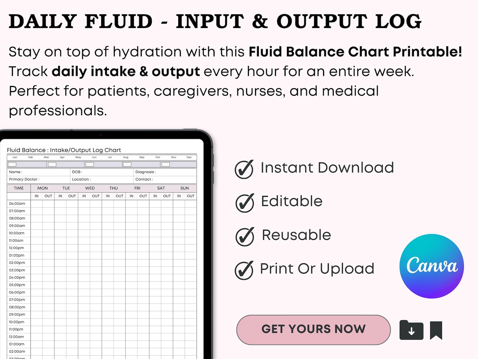 Fluid Balance Chart Printable | Daily Intake & Output Tracker | Medical ...