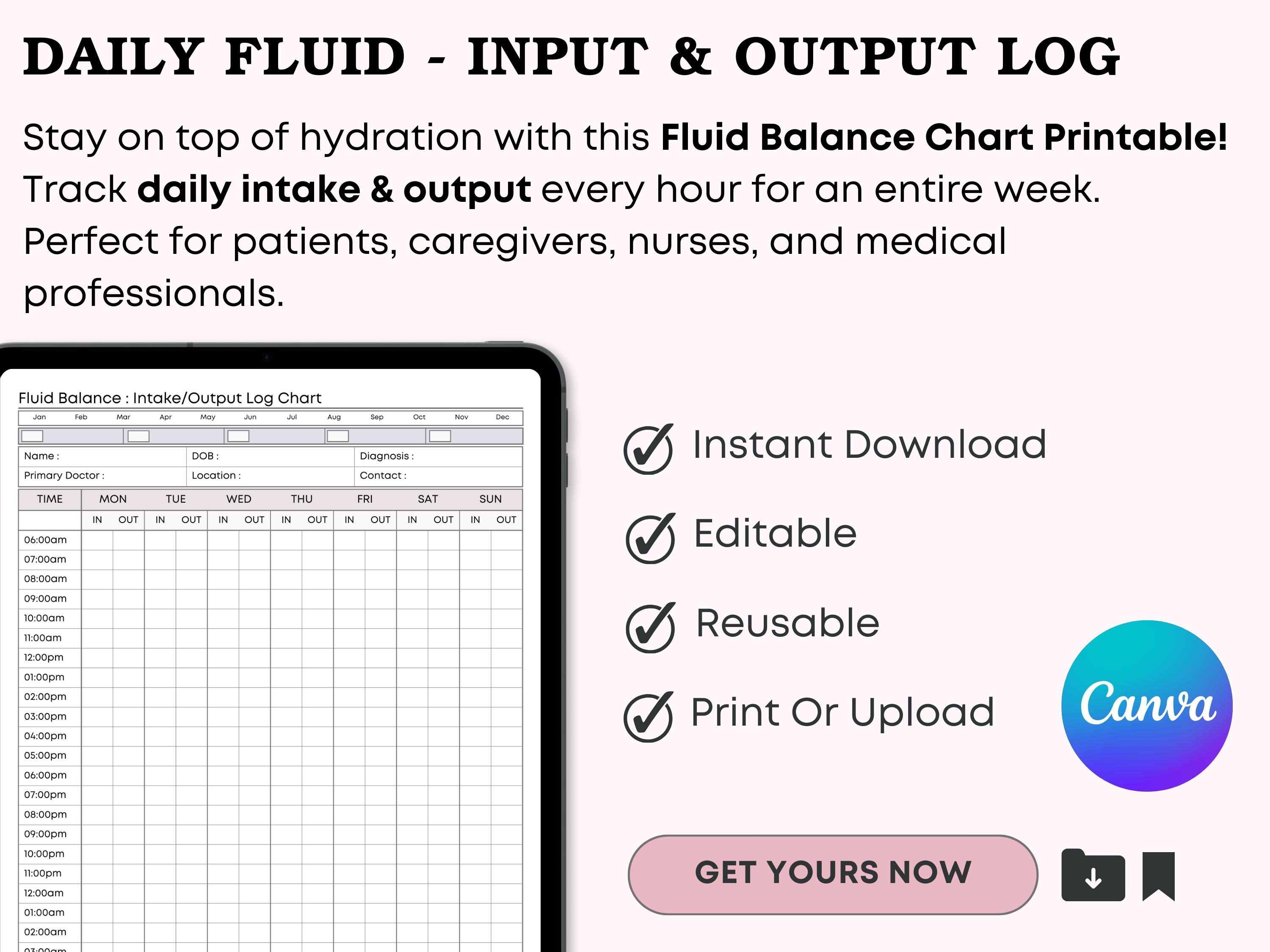 Fluid Balance Chart Printable | Daily Intake & Output Tracker | Medical ...