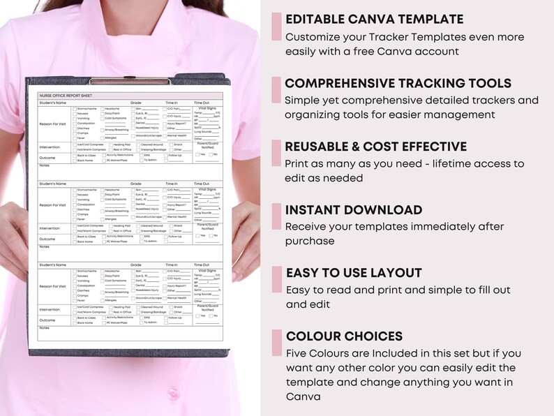 School Nurse Visit Report Sheets - Printable Health Office Log - School ...