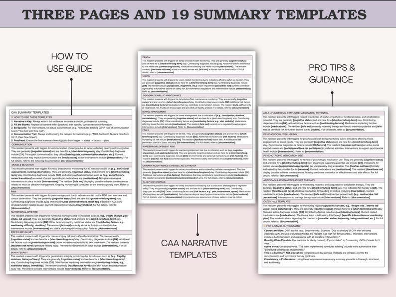 CAA & Resident Assessment Narrative Summary Templates | MDS 3.0 | Nurse ...