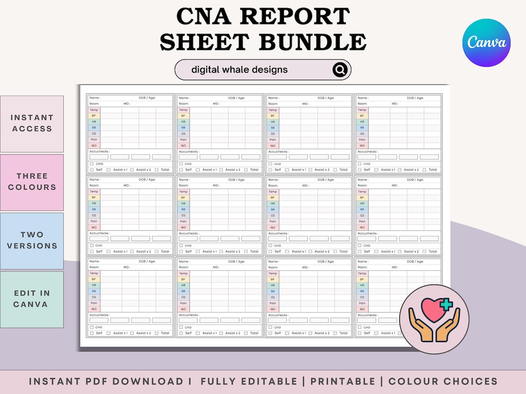 CNA Report Sheet, Canva Template, PCT Report Sheet, CNA Brain, Vital ...