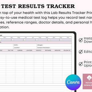 Lab Results Tracker Printable - Medical Test Log, Health Record Binder ...