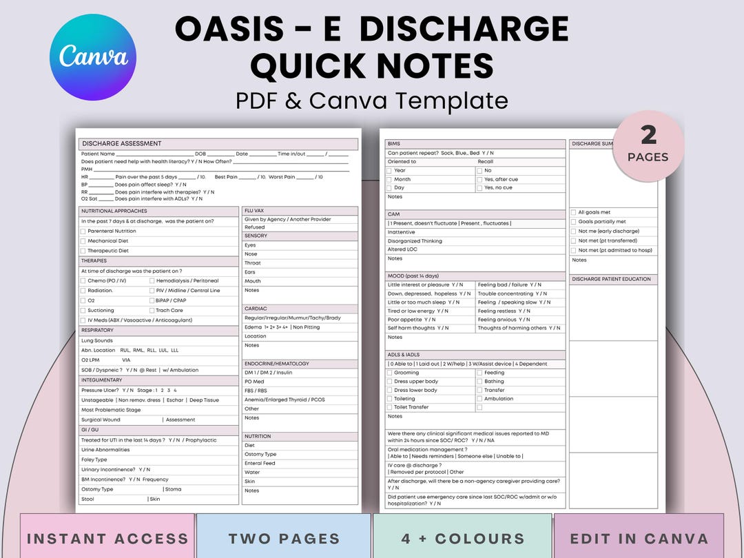 Oasis E Discharge Quick Notes Cheat Sheet for Home Health Care - Print ...
