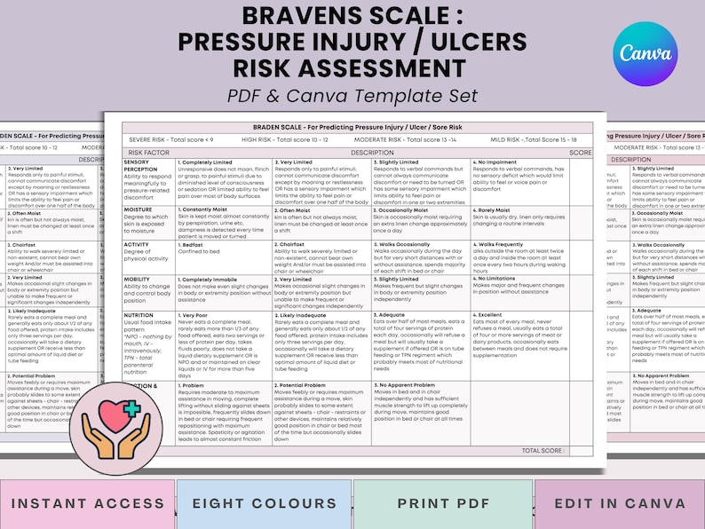 Braden Scale Risk Nursing Assessment Form: Pressure Injury Care and ...