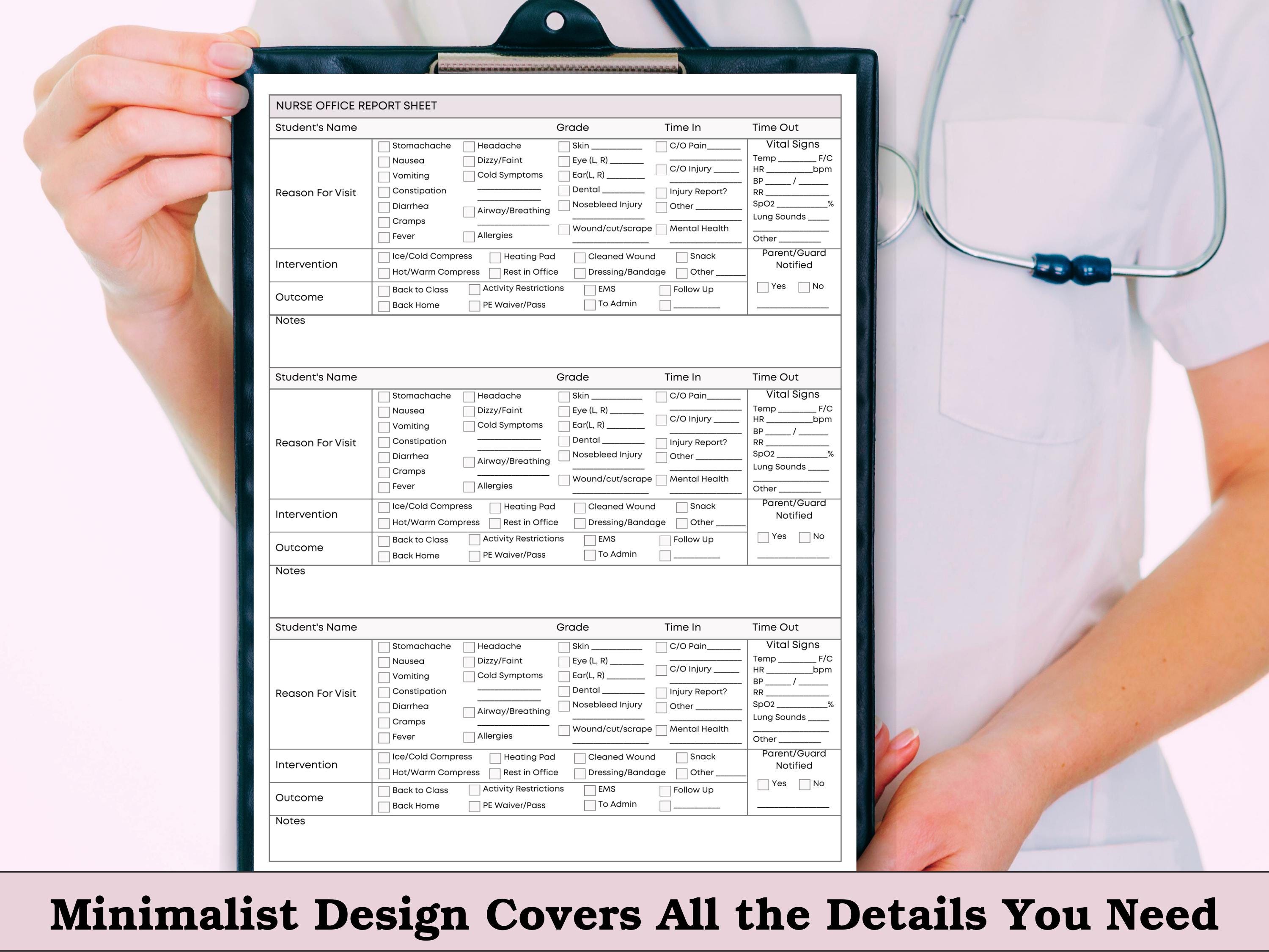 School Nurse Visit Report Sheets - Printable Health Office Log - School ...