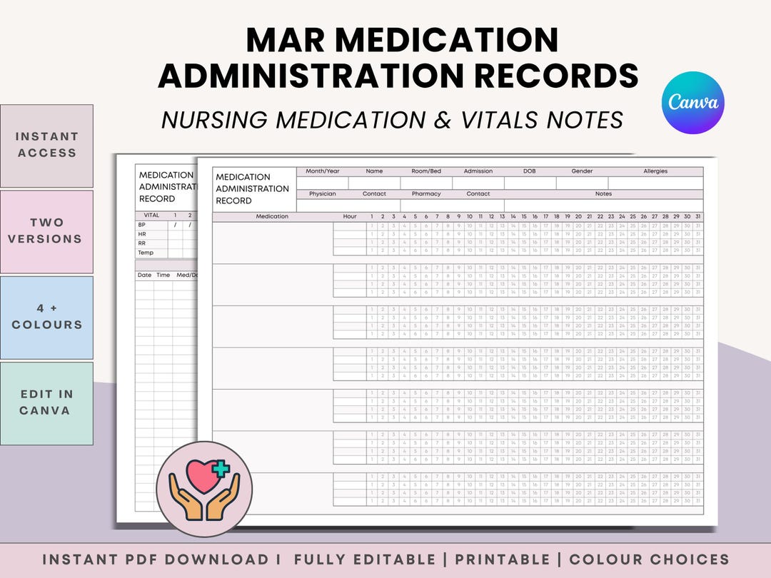 MAR Monthly Medication Administration Record - Printable Daily RX ...