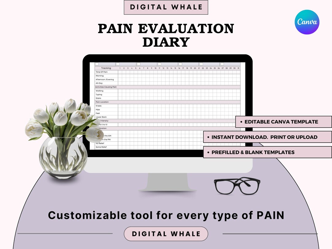 Pain Diary Printable - Monthly Pain Tracker Journal, Pain Log Template ...