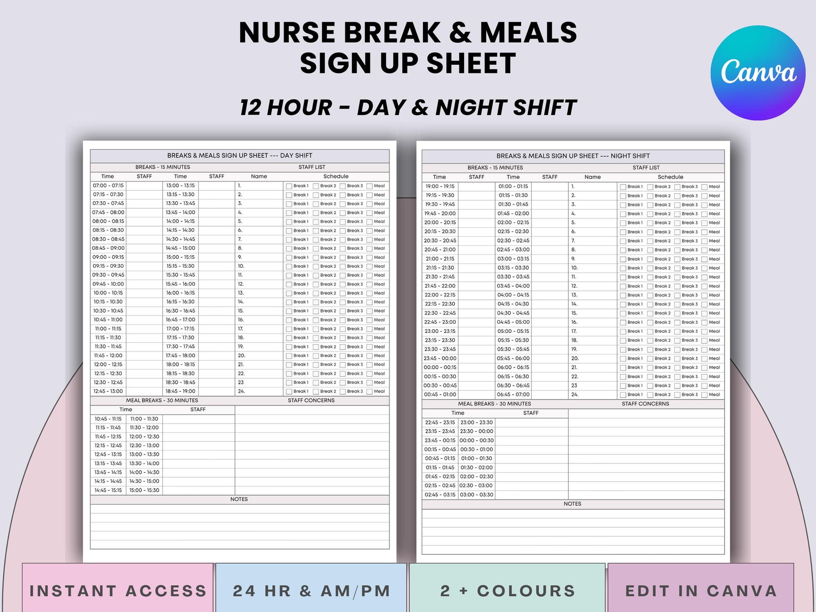 Nurse Break & Meal Schedule Sign-up Sheet | Day/night Shift 12-hour ...
