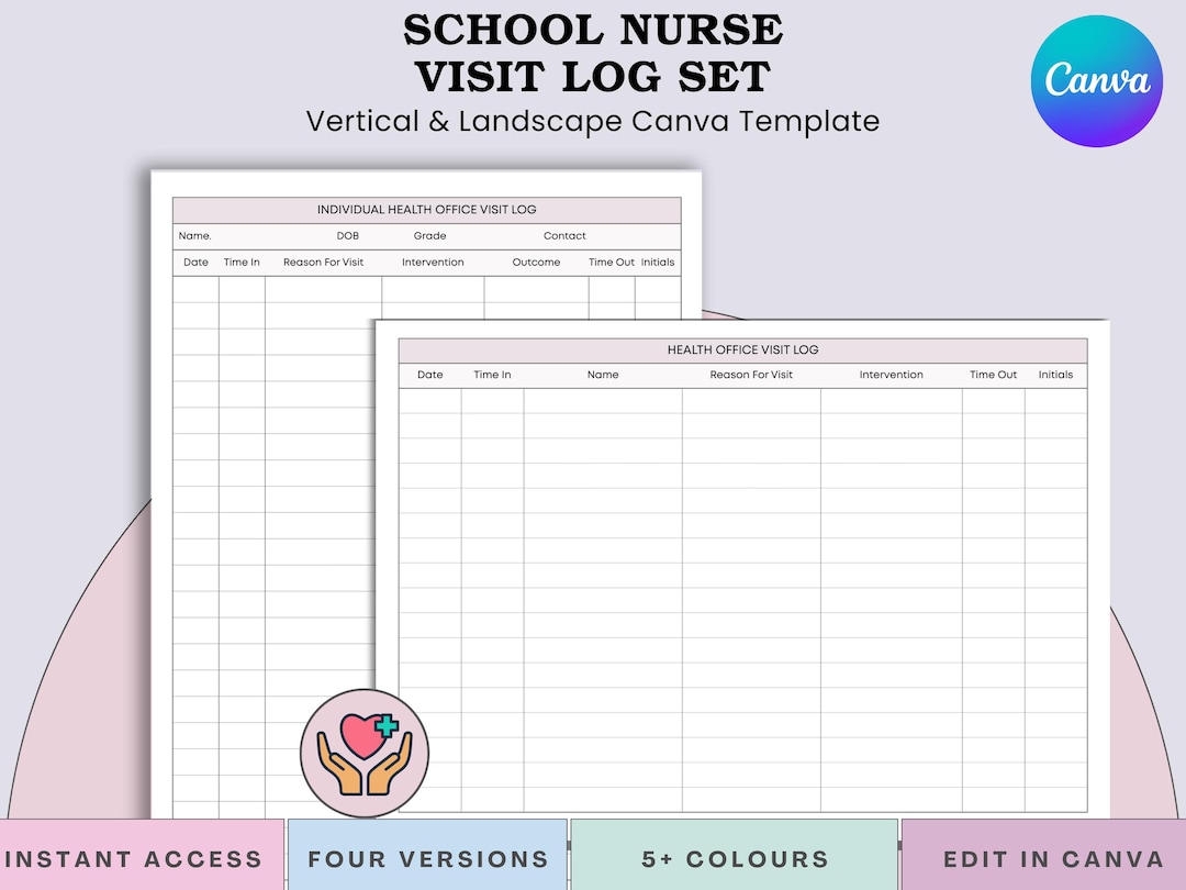 School Nurse Office Visit Log Templates - Individual Student & Health ...