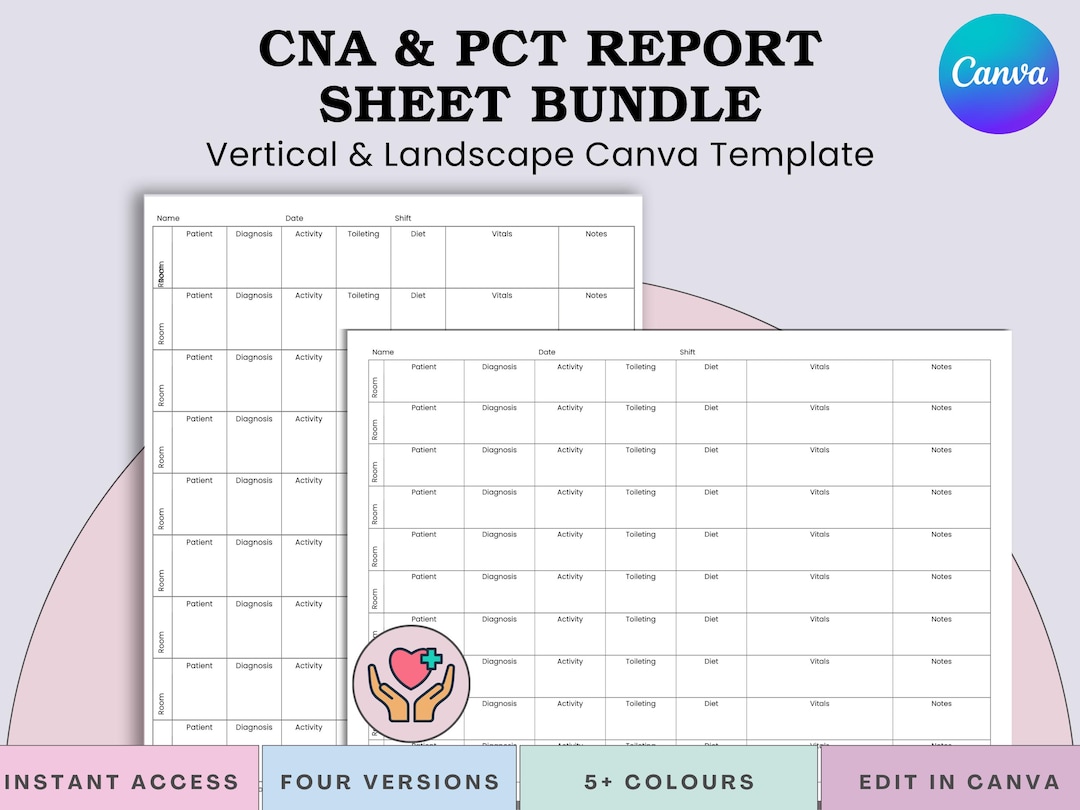 CNA & PCT Report Sheet Set - 10 Patient Care Tech Shift Planner ...