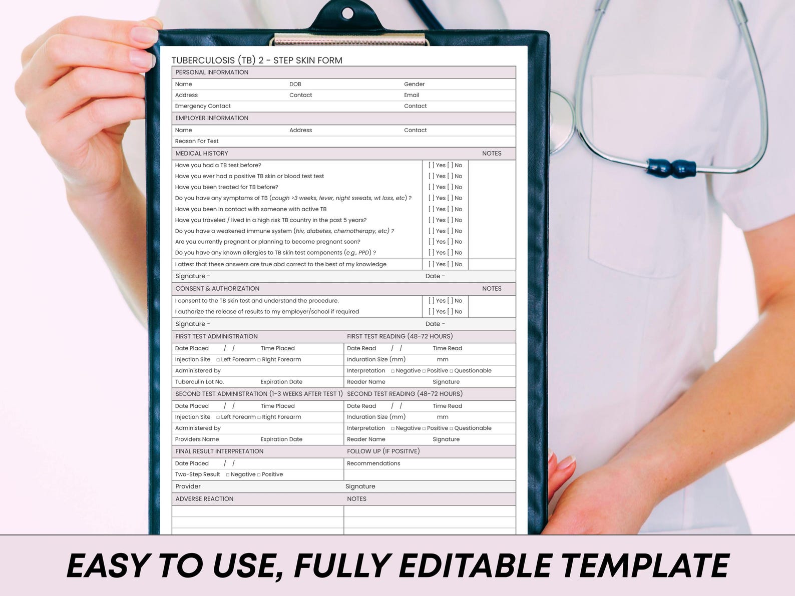 2 Step (TB) Tuberculosis Test Form - One Page - Nurse Compliance ...