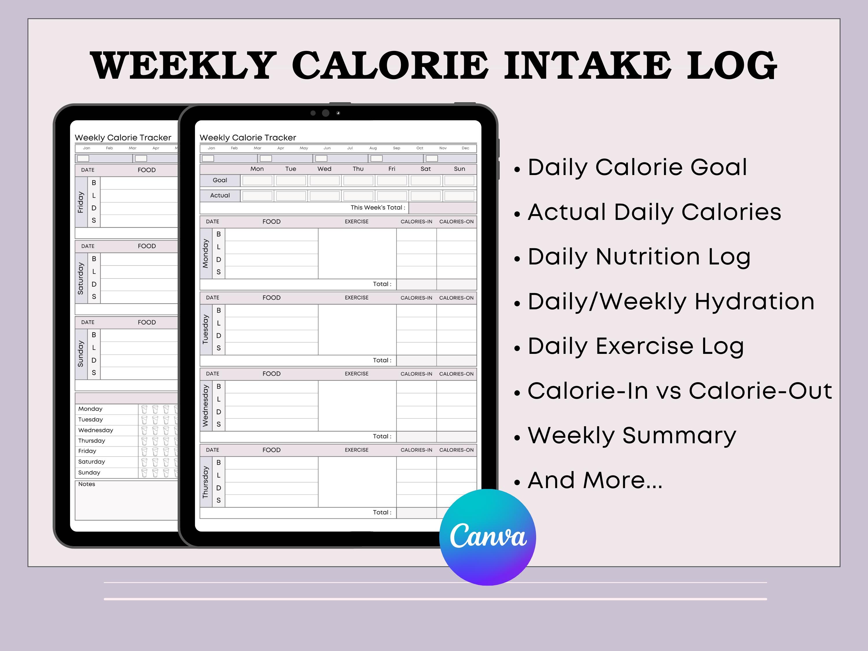Weekly Calorie Tracker Printable | Meal & Exercise Log | Fitness ...