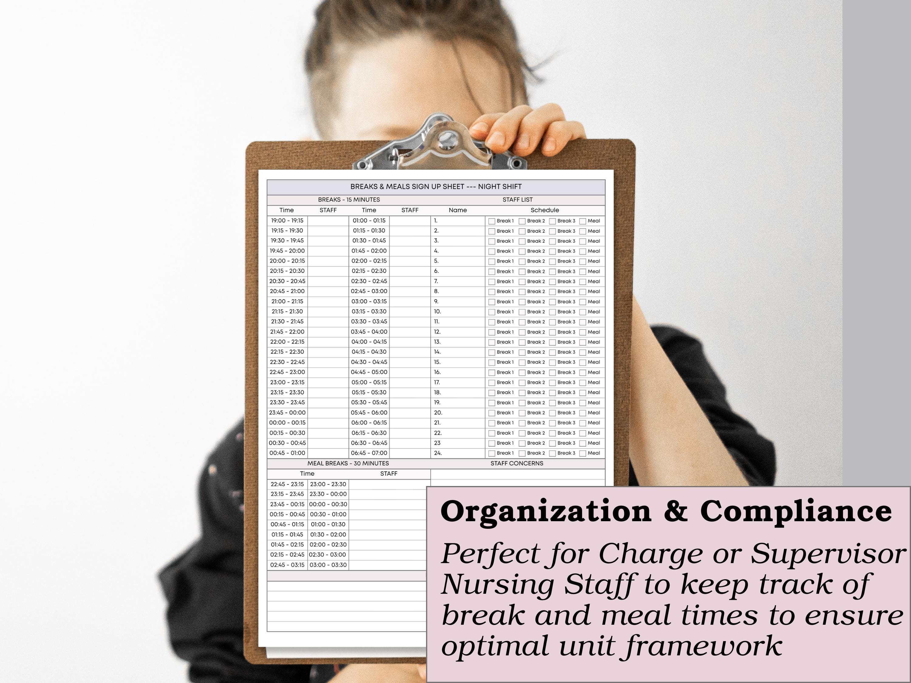Nurse Break & Meal Schedule Sign-up Sheet | Day/night Shift 12-hour ...