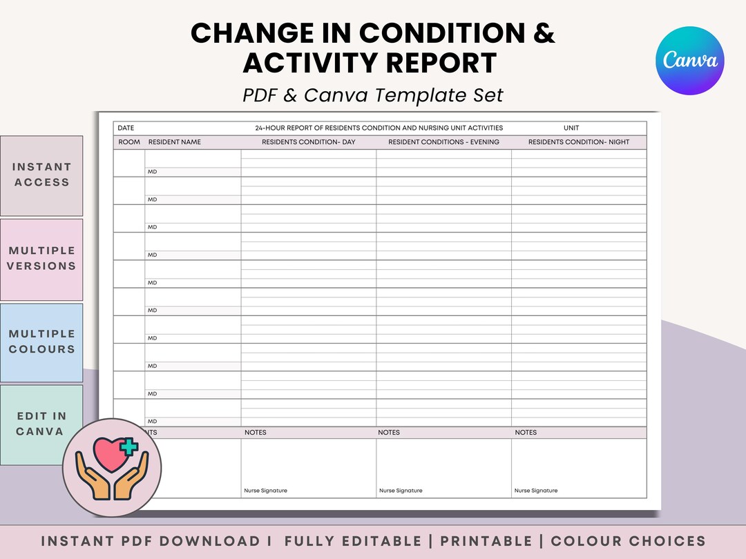 Change in Condition & Resident Activity Charge Nurse Report - Nurse ...