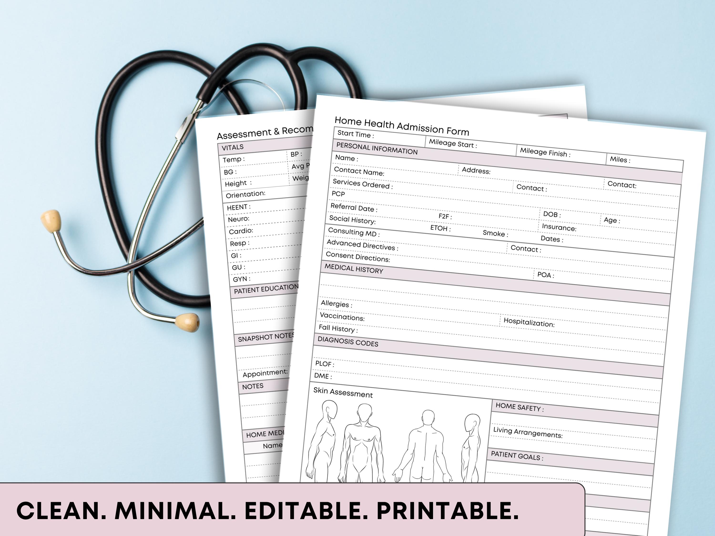 Home Health Start of Care Templates - Admission Assessment, Visit Log ...