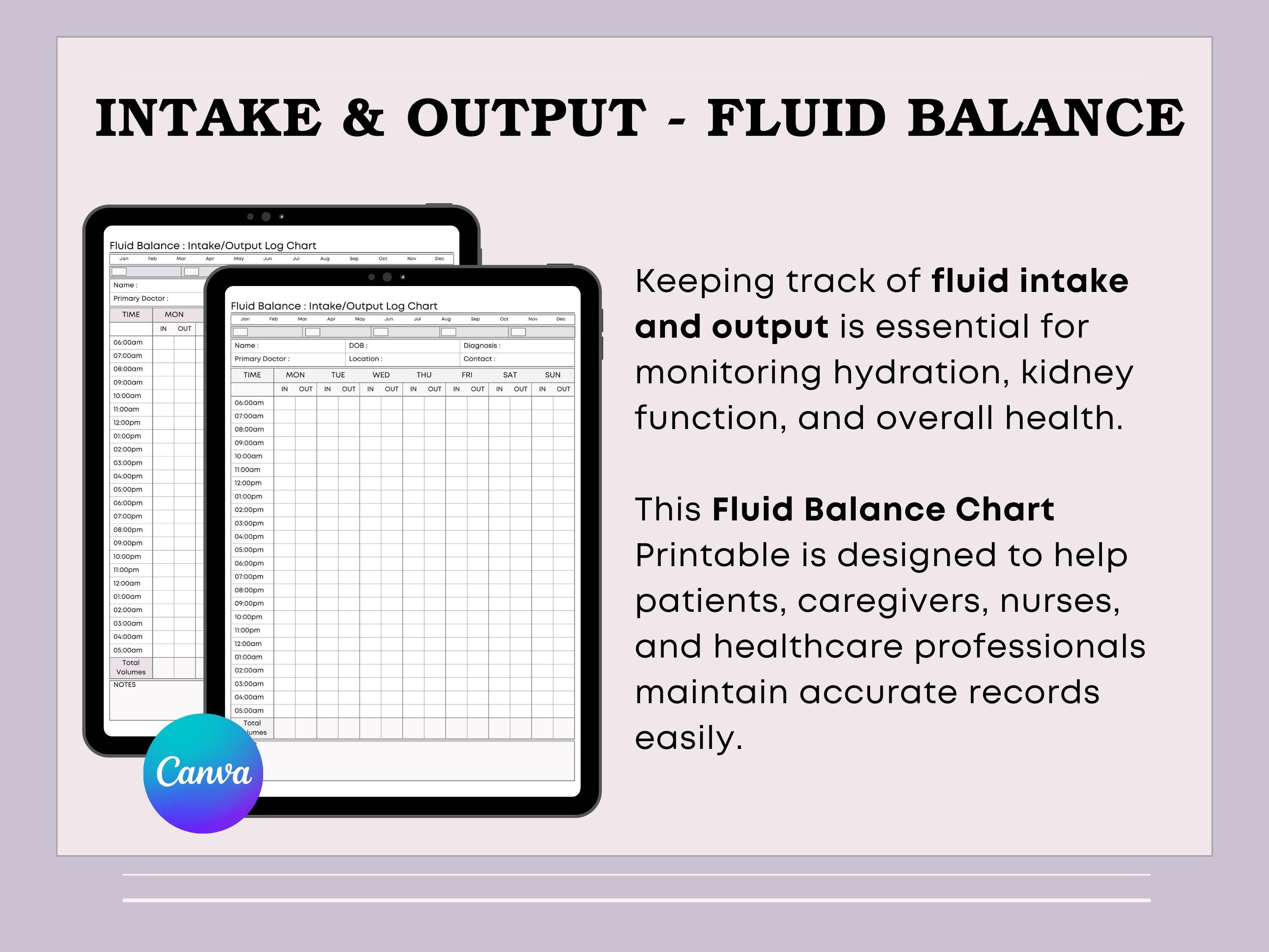 Fluid Balance Chart Printable | Daily Intake & Output Tracker | Medical ...