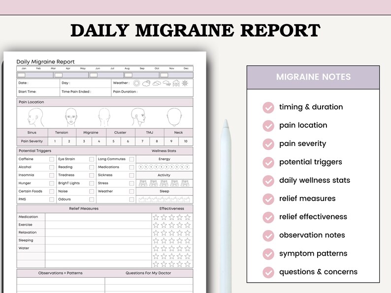 Migraine & Headache Printable Trackers - Track Symptoms, Severity ...
