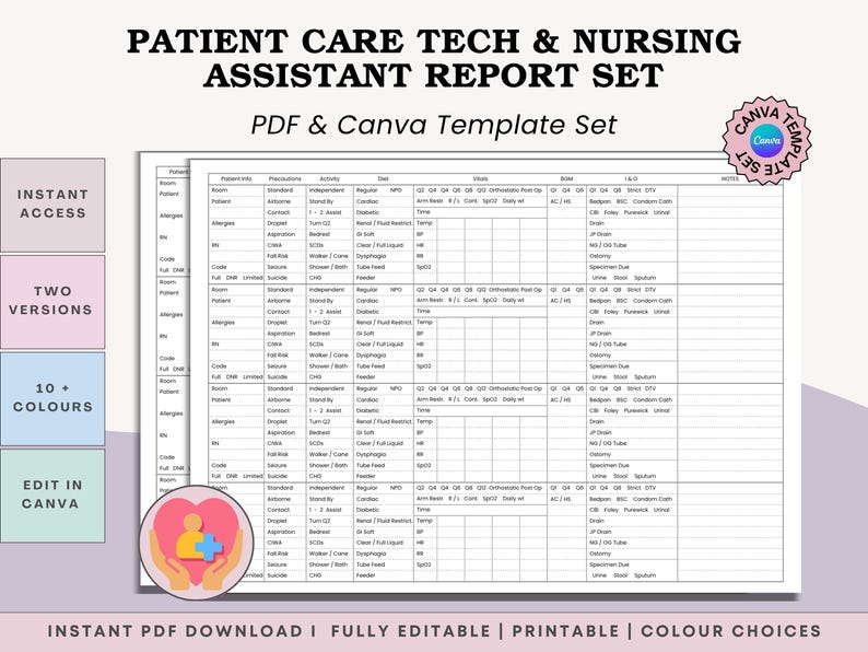 Patient Care Tech & Nurse Assistant Report Sheet - PCT, CNA, Nurse Aid ...
