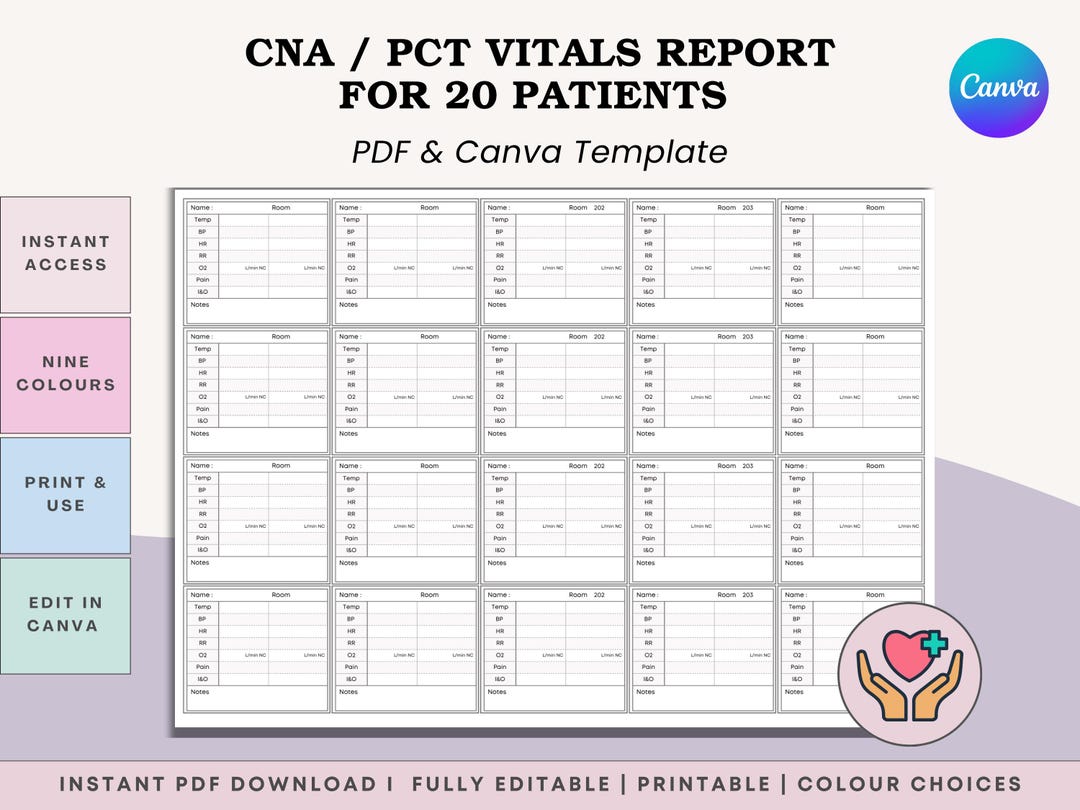 20 Patient CNA & PCT Vitals Report Sheet - Patient Chart Handoff - LTC ...