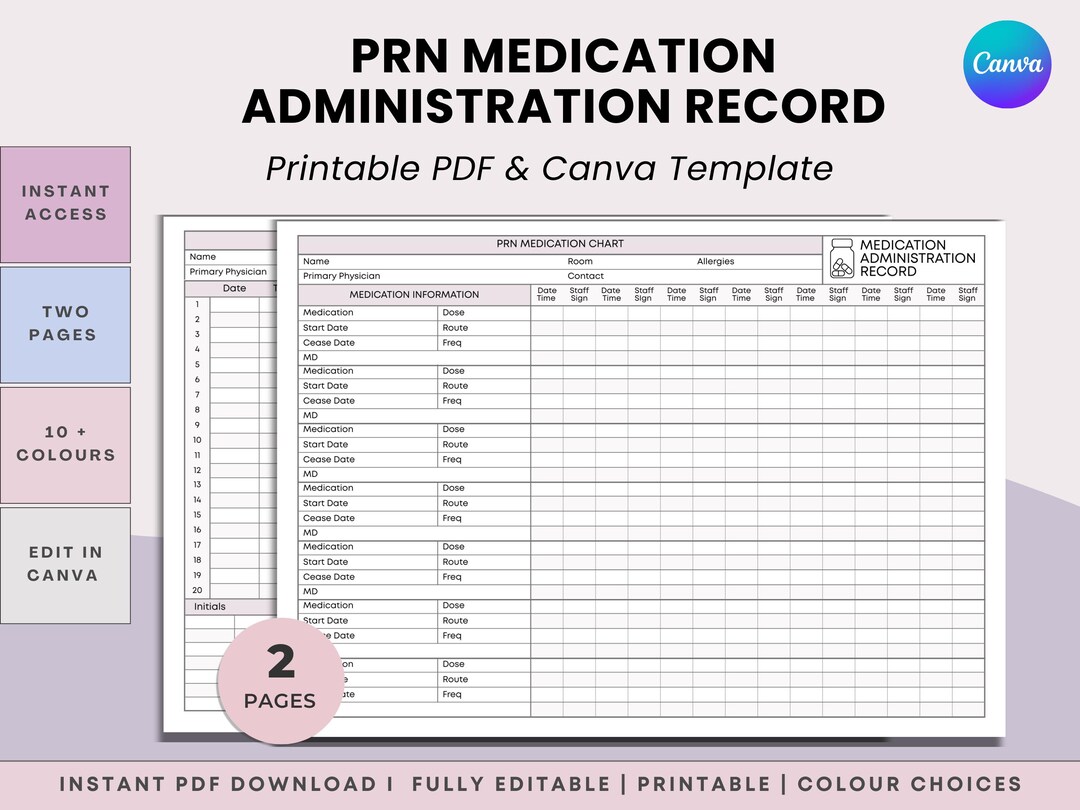 PRN Medication Administration Record Template - Printable MAR Sheets ...
