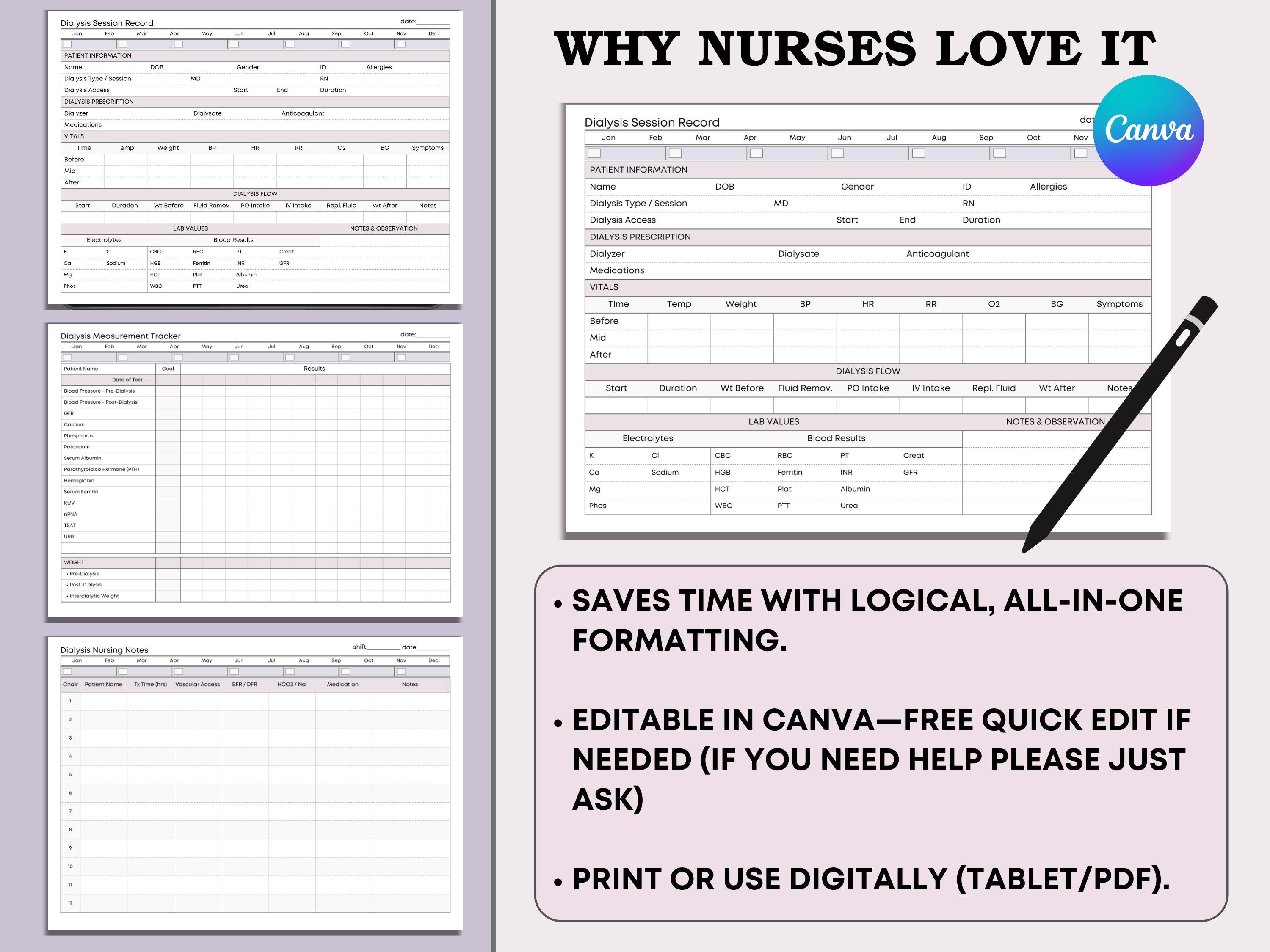 Dialysis Nurse Charting Set – Patient Records, Tracker & Flow Sheet ...