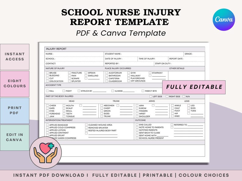 School Nurse Injury Report Form - Health Office Documentation Student ...