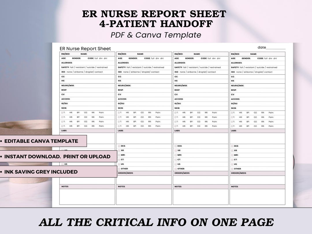 ER Nurse Report Sheet - 4-patient Handoff - Urgent Care Trauma Nursing ...