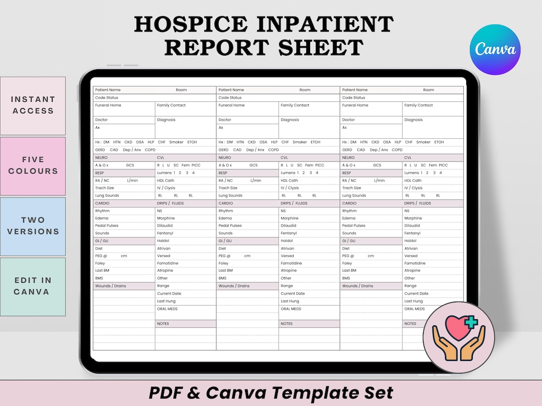 Hospice Inpatient Unit Nursing Report Sheet - Assessment, Wound Care ...