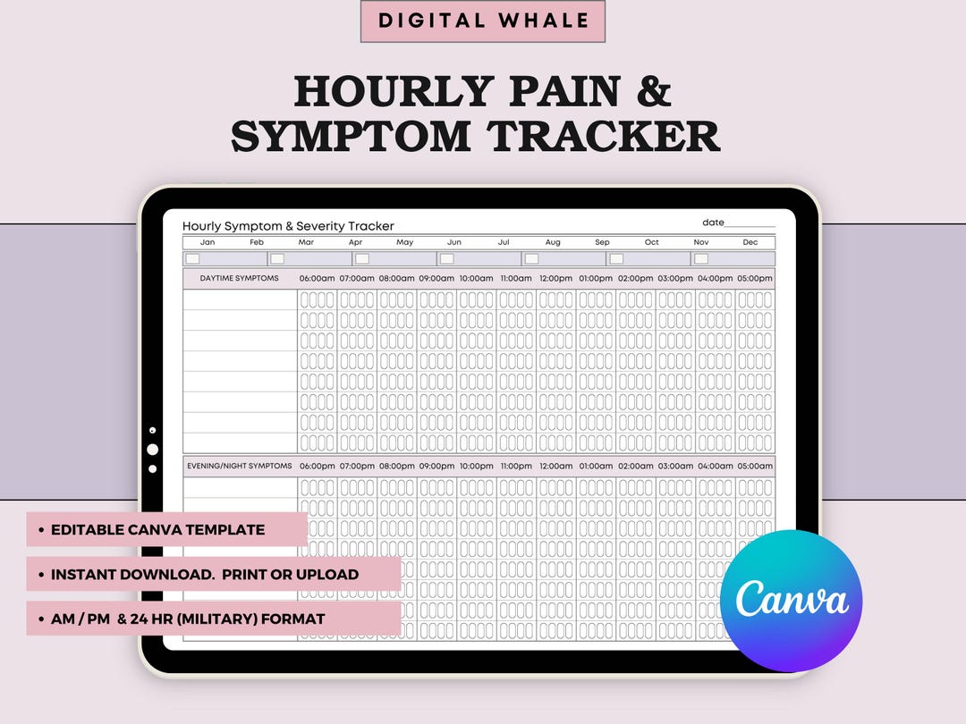 Hourly Symptom & Pain Tracker Printable | 24-hour + AM/PM Log | Chronic ...