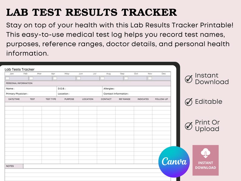 Lab Results Tracker Printable | Medical Test Log | Health Record ...