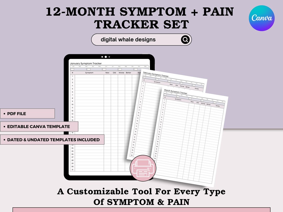 Printable Symptom Tracker & Pain Log | 12-month Health Journal ...