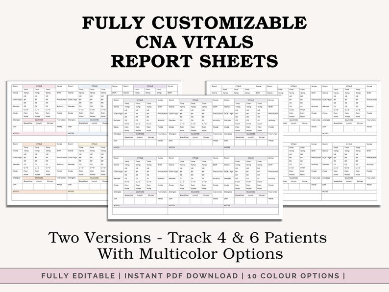 Editable CNA Vital Signs Log , Long Term Care CNA Report Sheet 4 and 6 ...