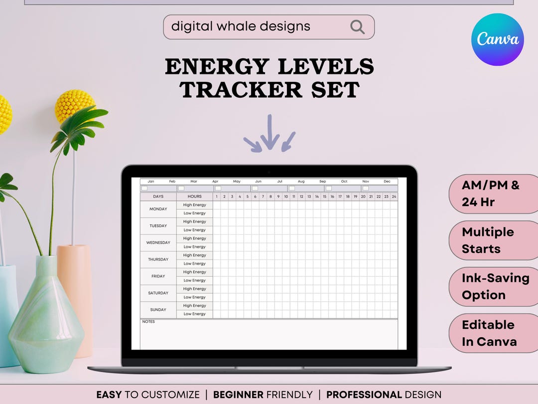 Energy Tracker Printable | Monthly & Weekly Energy Journal | 24-hour AM ...