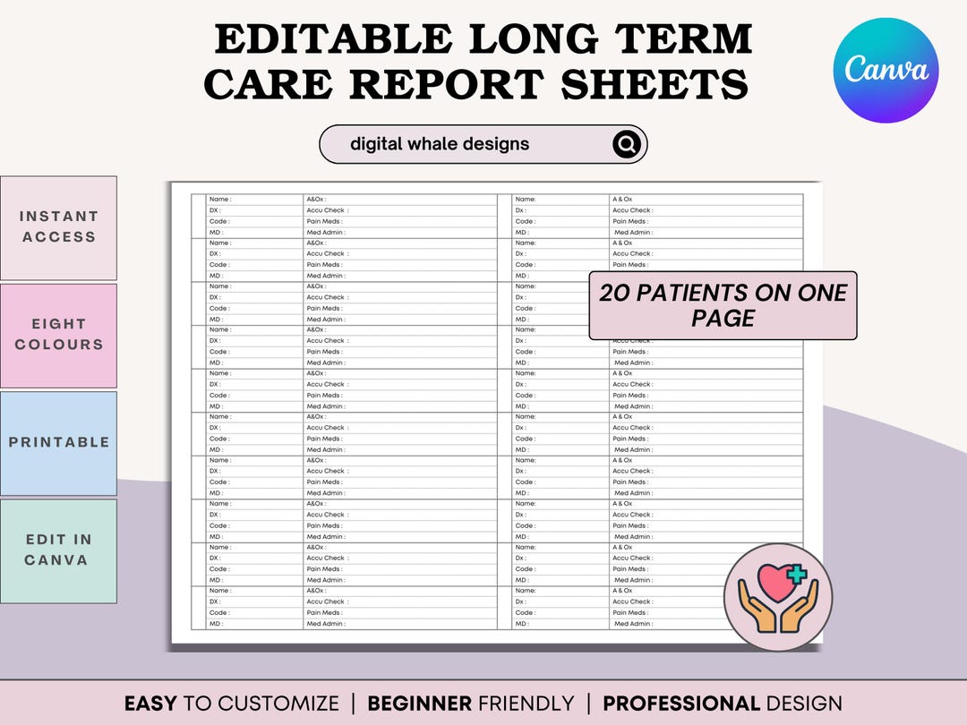 Long Term Care Patient Report Sheet for 20 Patient Long Term Care ...