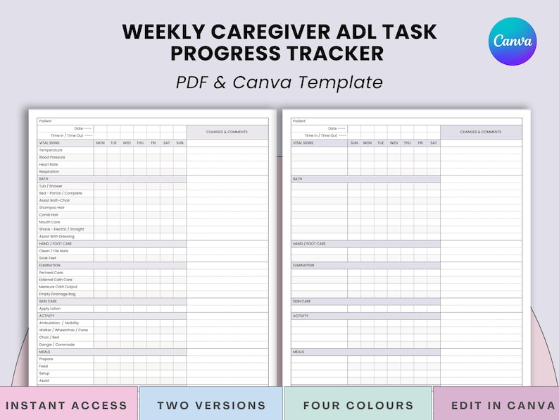 Adls Weekly Progress Chart for LTC, CNA, Nurses, Caregivers, Aides ...