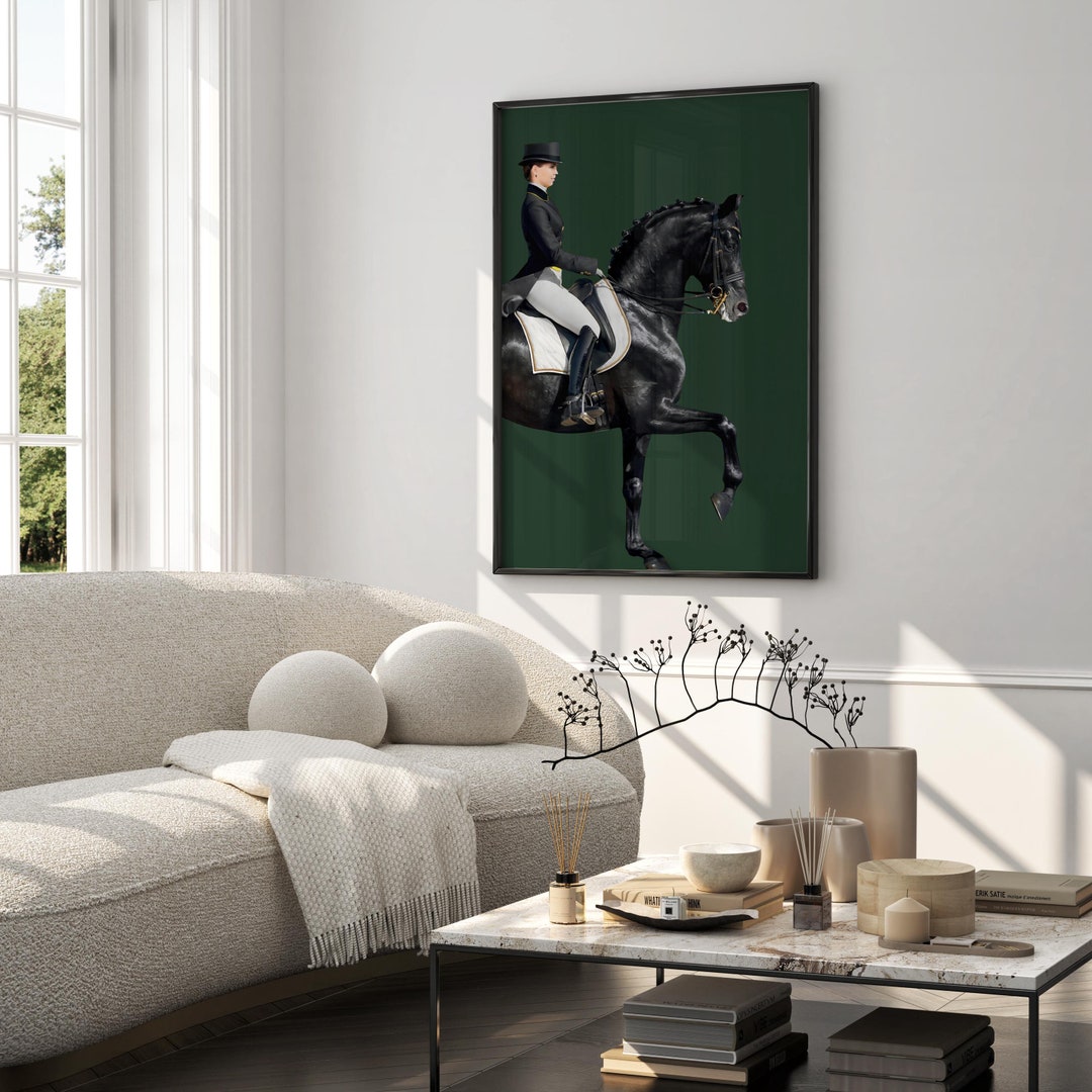 Vintage Equestrian Woman Poster, Horse Poster, Green Background Black ...