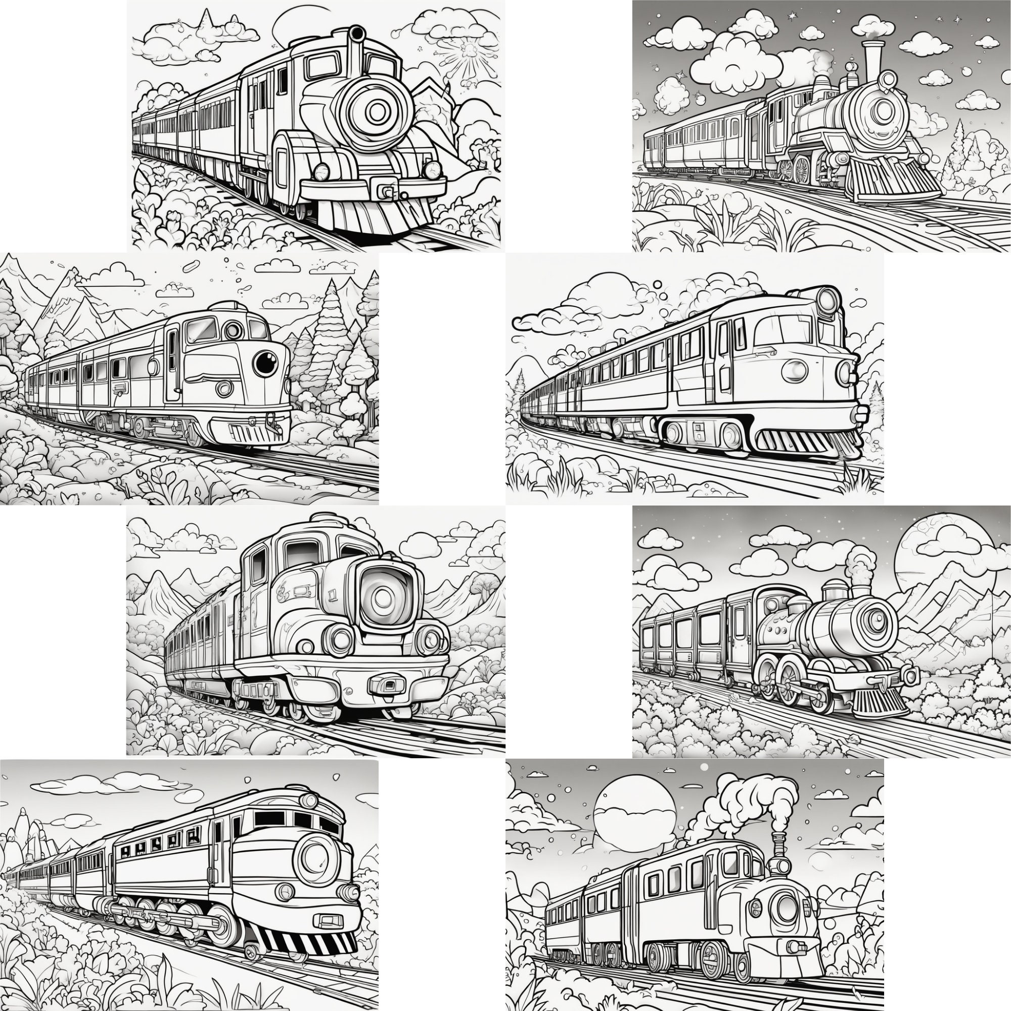 70 Vintage Trains Coloring Book for Adults and Kids, Steampunk Train ...