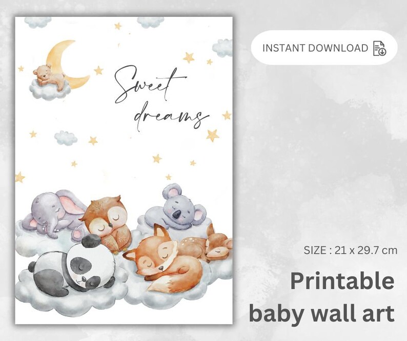Printable Sweet Dreams Cute Baby Animals Sleeping Toddler Wall Art ...