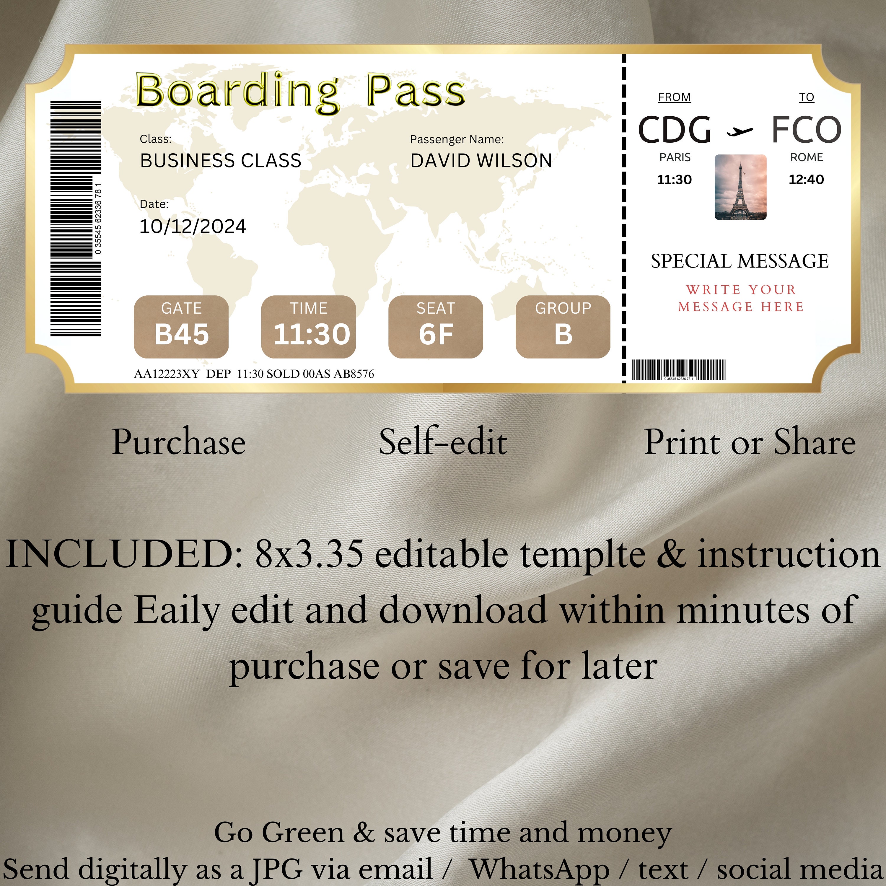 Editable Boarding Pass Template Customizable Plane - Etsy