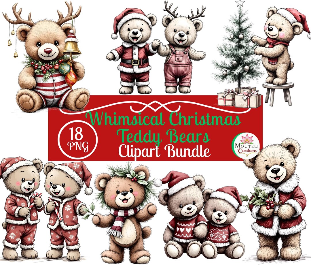 Whimsical Christmas Teddy Bear Clipart/watercolor Holiday Bear Bundle ...