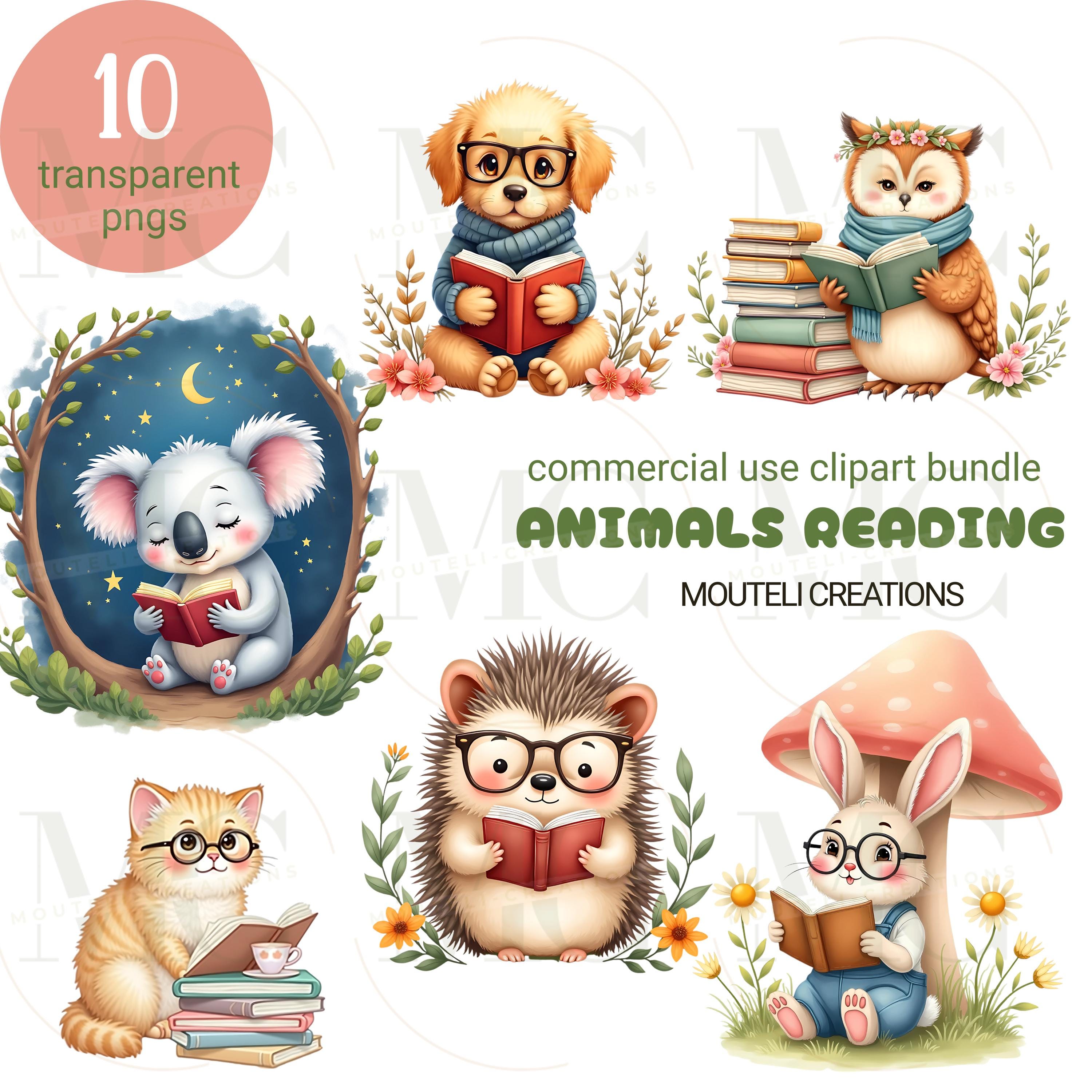 Animals Reading Books Clipart Bundle Png/cute Watercolor Woodland ...