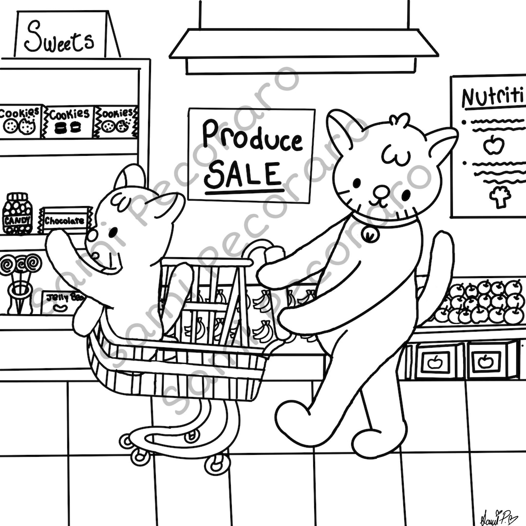 Grocery Shopping! Original Art Coloring Sheet Digital Download. - Etsy