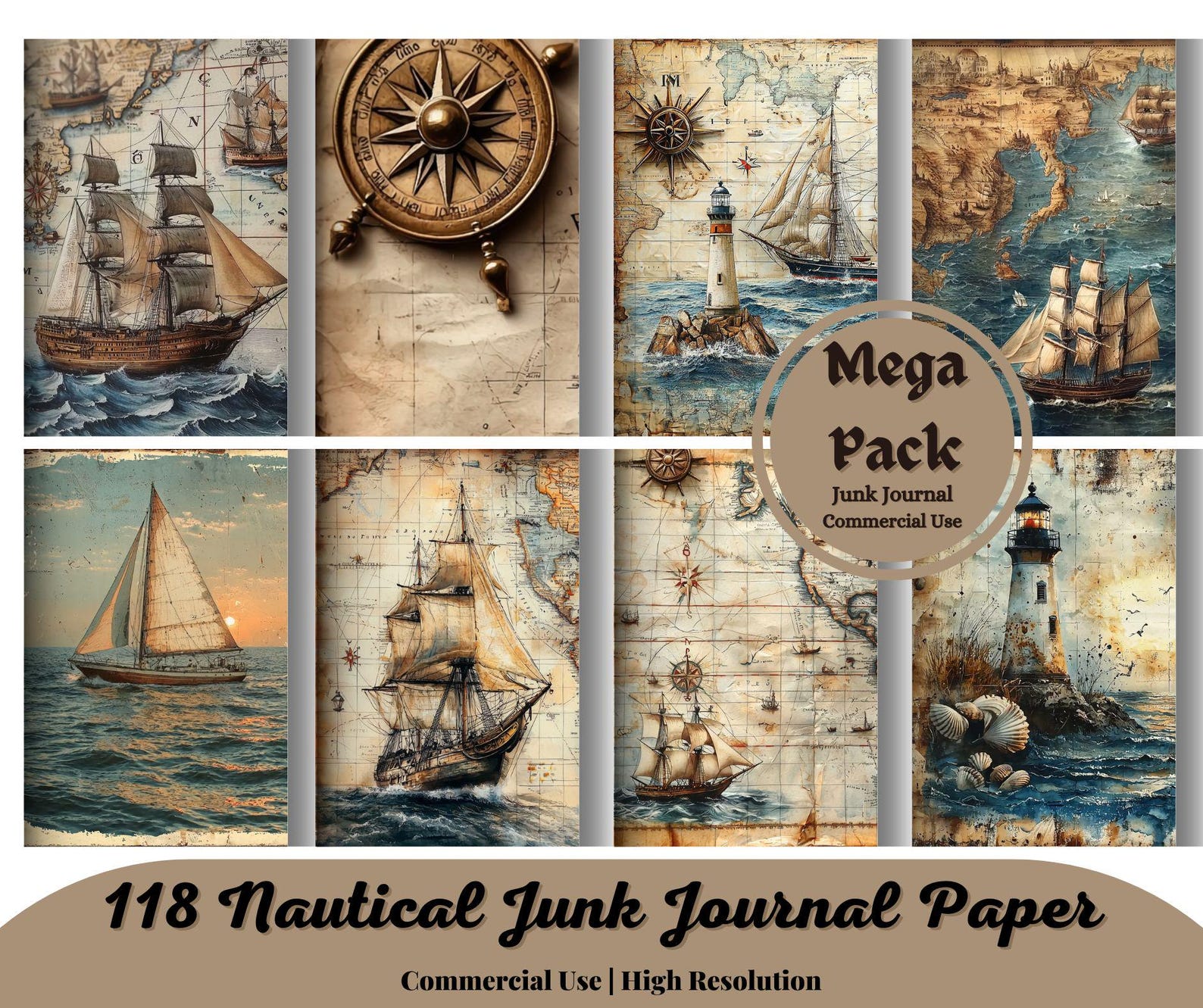 Nautical Junk Journal Paper, Vintage Nautical Ephemera Kit, Sea Marine ...