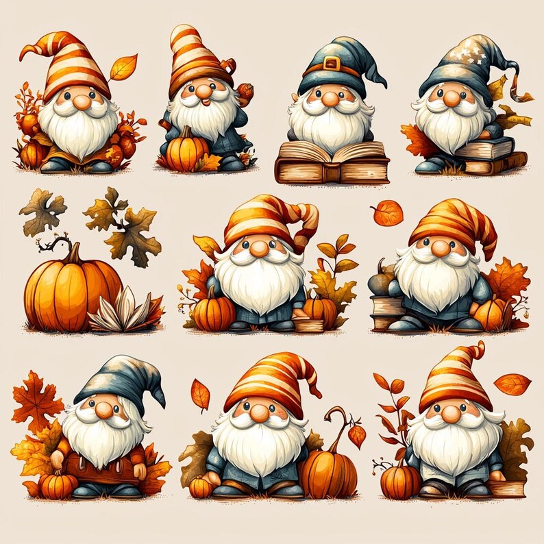 Pumpkin Gnomes Fussy Cuts, Cute Autumn Gnome Graphics, Pumpkin ...