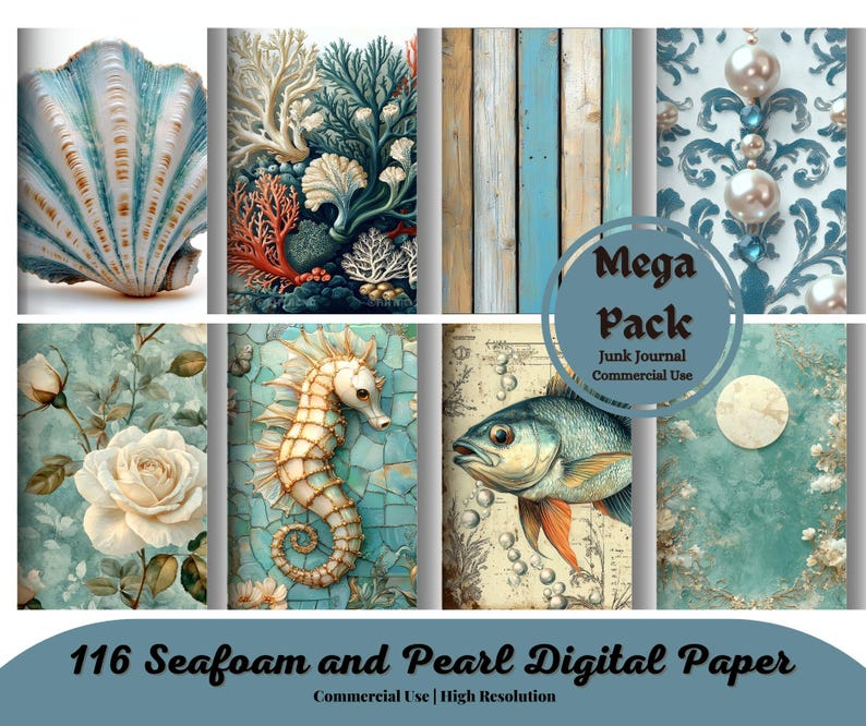 Seafoam and Pearl Digital Scrapbooking Kit, Nautical Clipart, Ocean ...