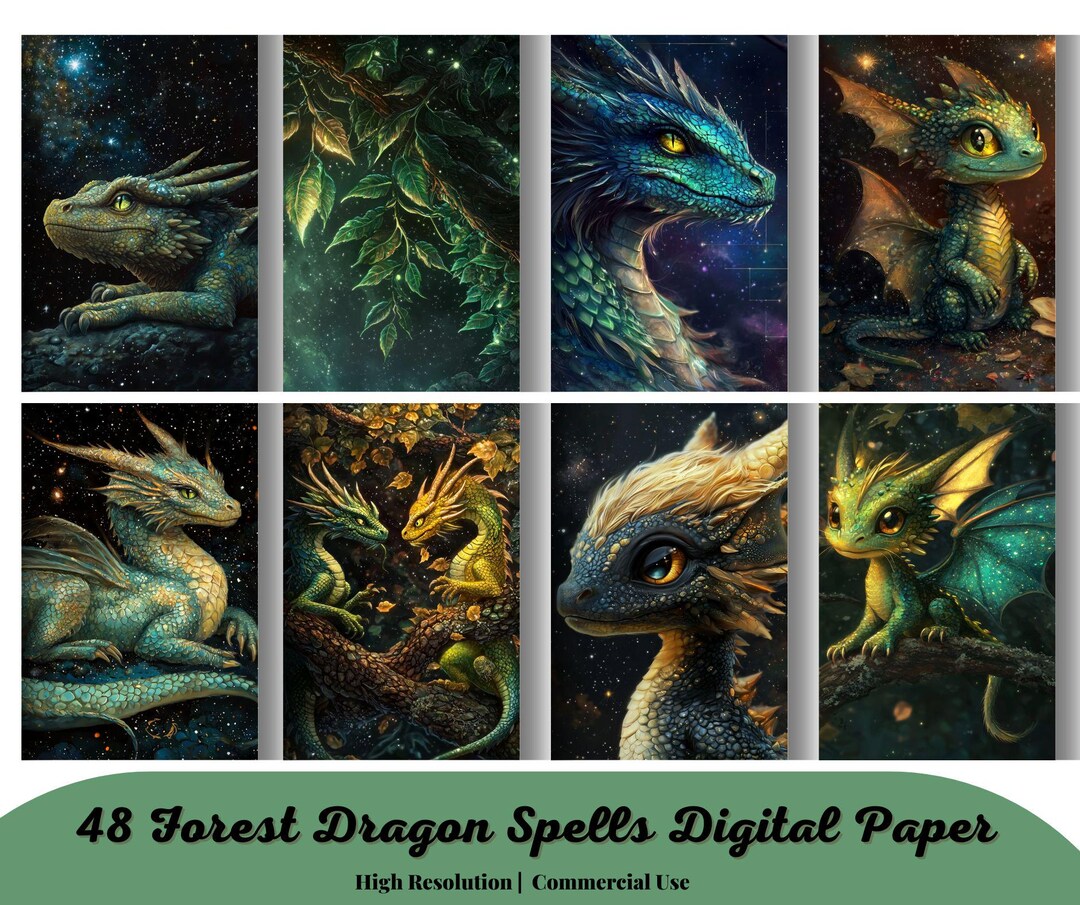 Forest Dragon Spells Digital Paper - Dark Galaxy Magic Floral Grunge ...